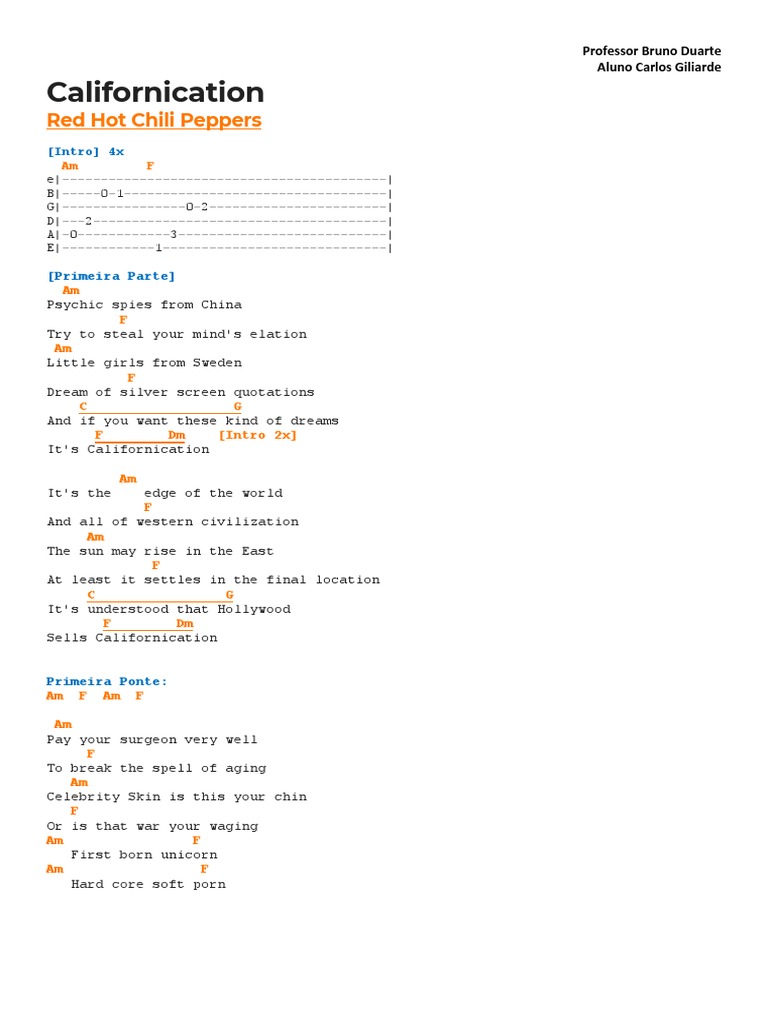 Lyrics and Chords to 'Californication' by Red Hot Chili Peppers | PDF