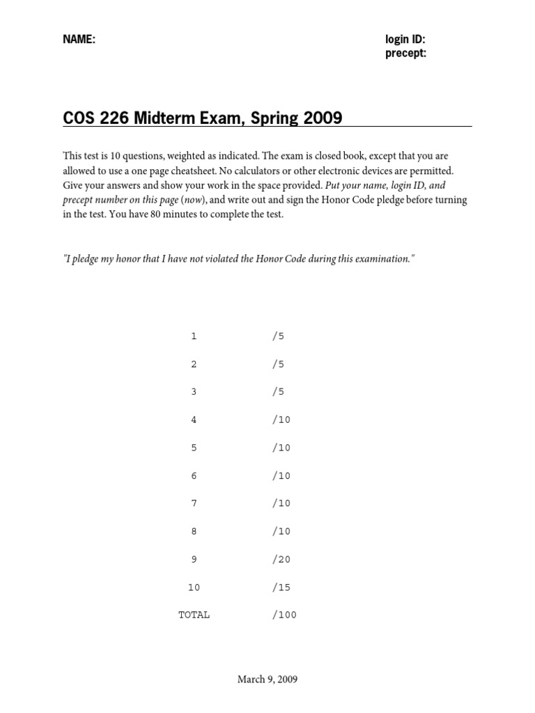 COS 226 Midterm Exam, Spring 2009: Name: Login ID: Precept | PDF | Time ...