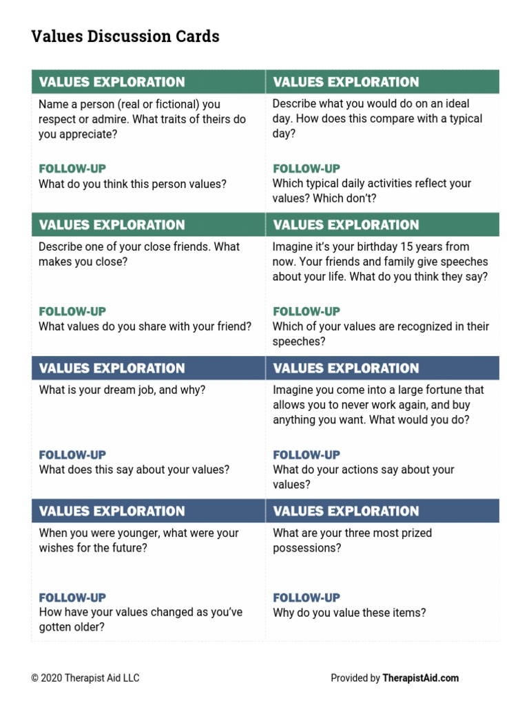 Values Discussion Cards: © 2020 Therapist Aid LLC | PDF