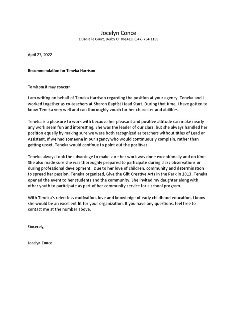 Teneka's Reference Letter | PDF