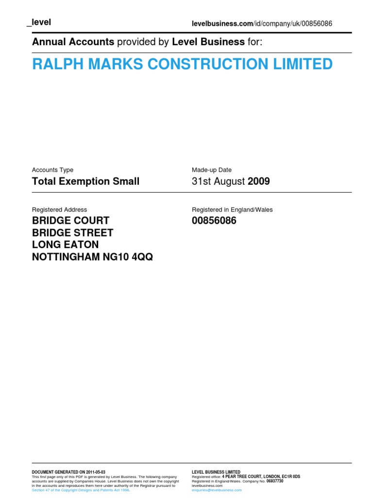 RALPH MARKS CONSTRUCTION LIMITED - Company Accounts From Level Business ...