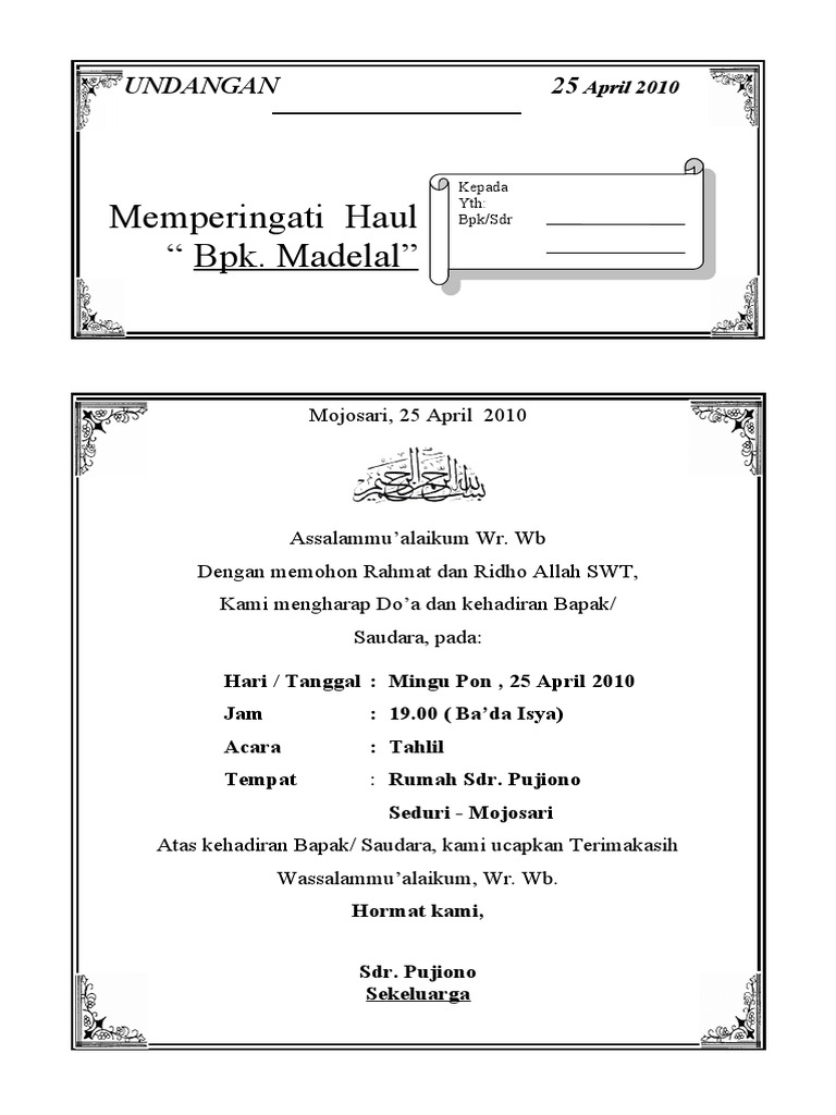 Undangan Tahlil dan Haul Bpk. Madelal | PDF