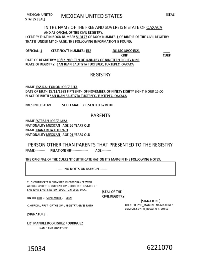 Birth Certificate English Translation (Oaxaca) | PDF | Government And ...