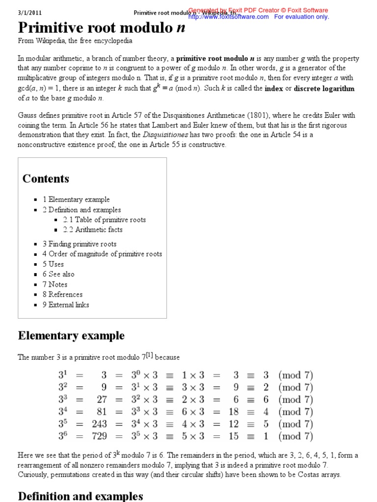 Primitive Root Modulo N - Wikipedia, The Free Encyclopedia ...
