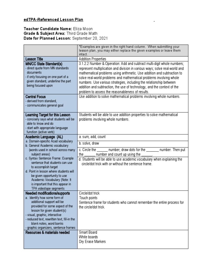 Edtpa-Referenced Lesson Plan Teacher Candidate Name: Eliza Moon Grade ...