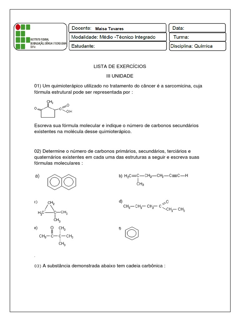 Lista de Exercicios Quimica Organica | PDF | Éster | Amina