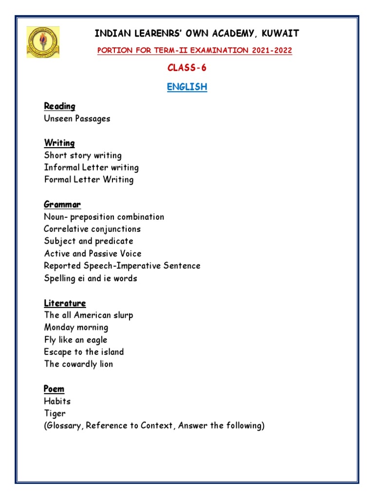 Class - 6 SA 2 Portions - 2021-22 | PDF | Cognitive Science | Grammar