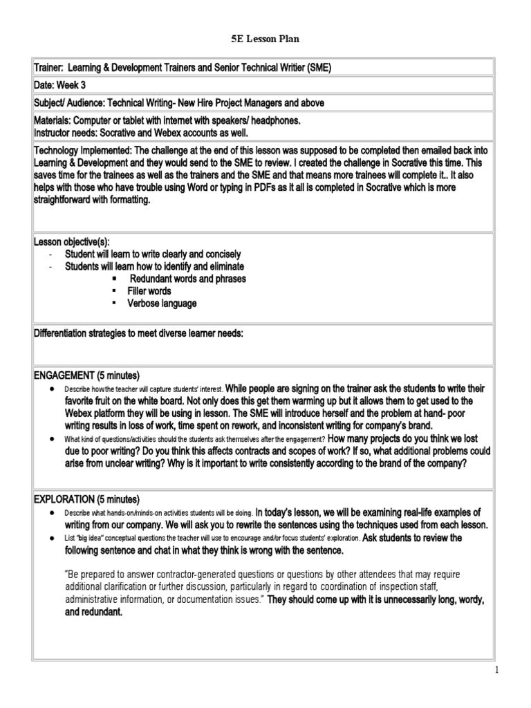 5E Lesson Plan for Technical Writing | PDF | Lesson Plan | Cognitive ...