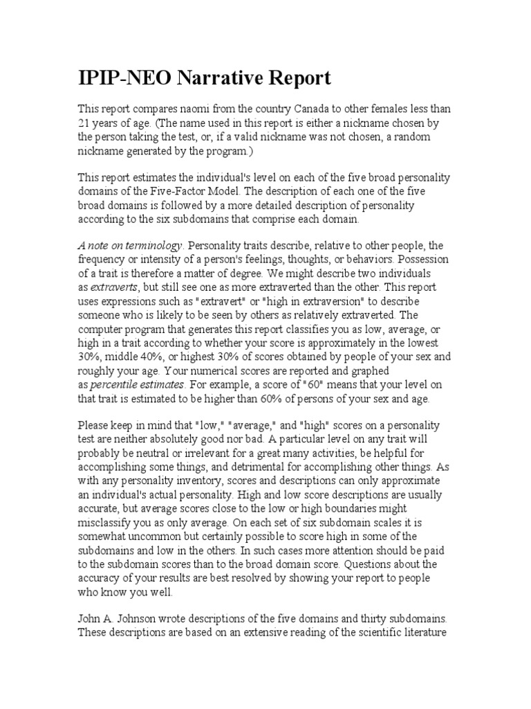 IPIP-NEO Narrative Report: A Note On Terminology. Personality Traits Describe, Relative To Other ...