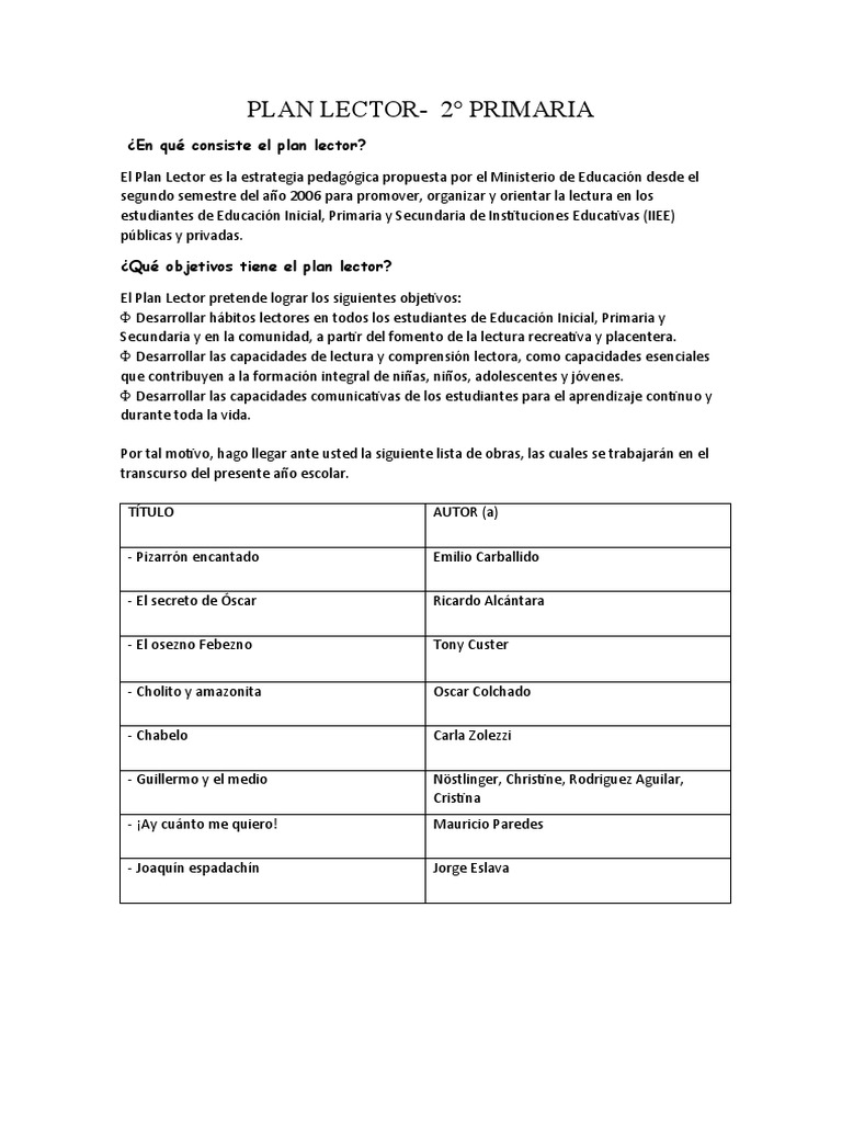Plan Lector 2° Primaria | PDF