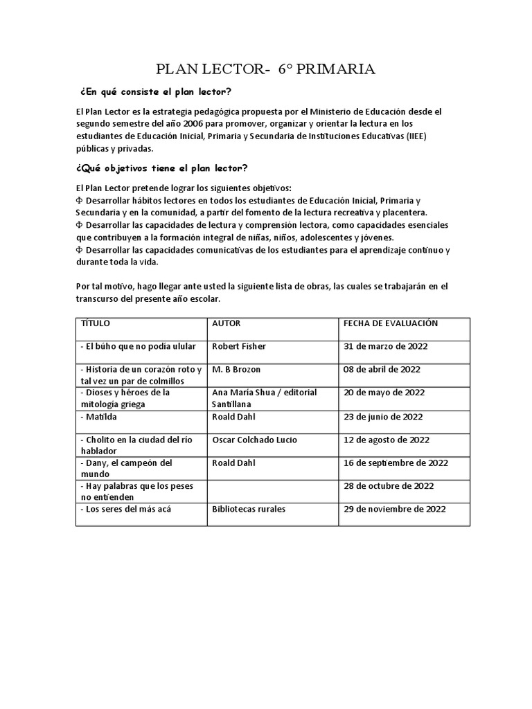 Plan Lector 6° Primaria: Fomento de Lectura | PDF