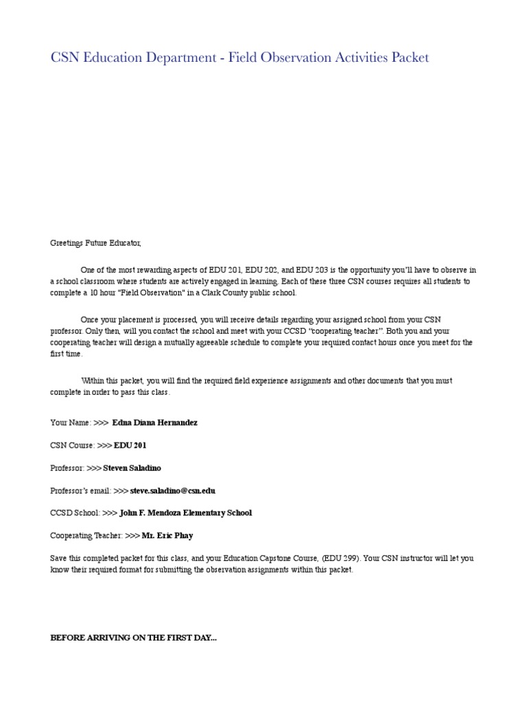 EDU 201 Observation Packet 3 | PDF | Teachers | Classroom