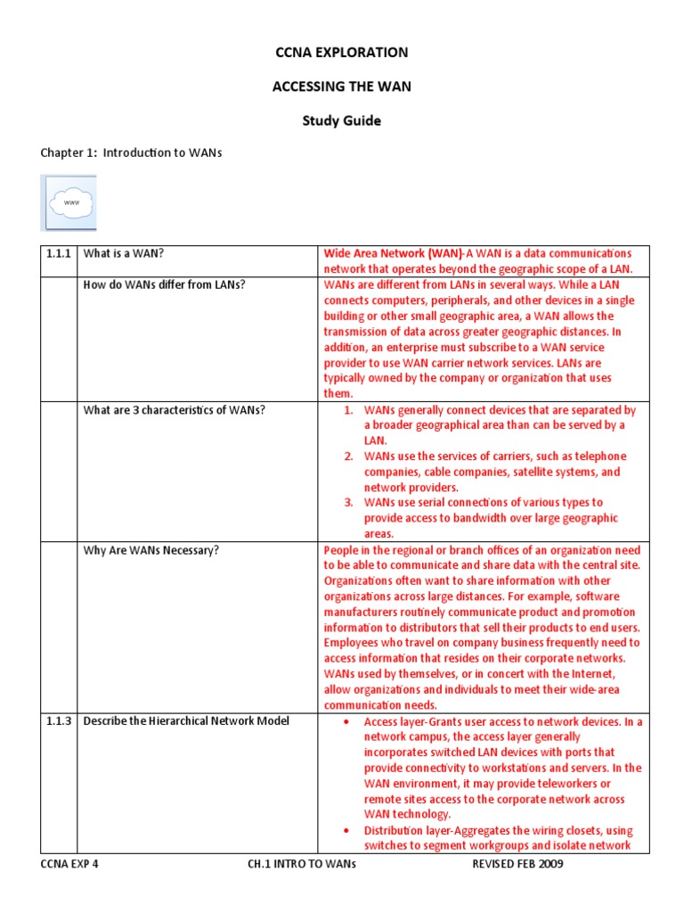 Ccna4e Ch1 Study Guide Key | PDF | Computer Network | Internet Access