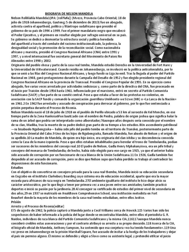 Biografia de Nelson Mandela | PDF | Nelson Mandela | Congreso Nacional Africano