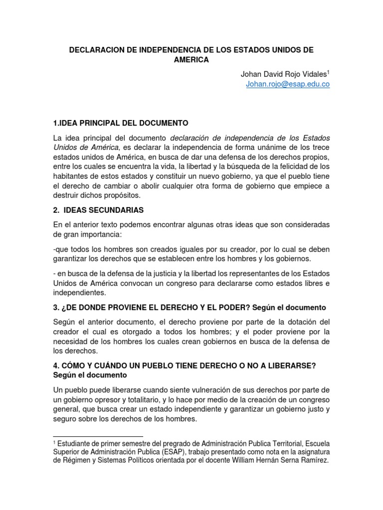 Trabajo Declaracion de Independencia de Estados Unidos de America | PDF ...