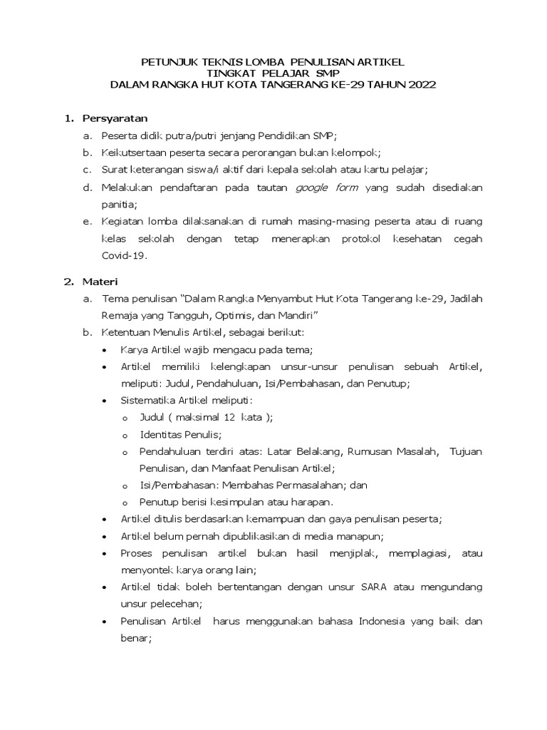 Juknis Lomba Penulisan Artikel SMP Hut Kotang 2022 | PDF Juknis Lomba Penulisan Artikel SMP Hut Kotang 2022 | PDF