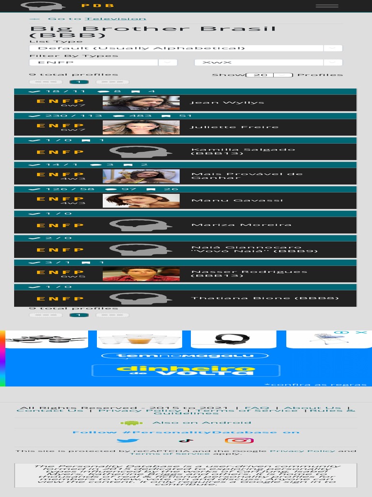 Big Brother Brasil (BBB) The Personality Database (PDB) Television | PDF