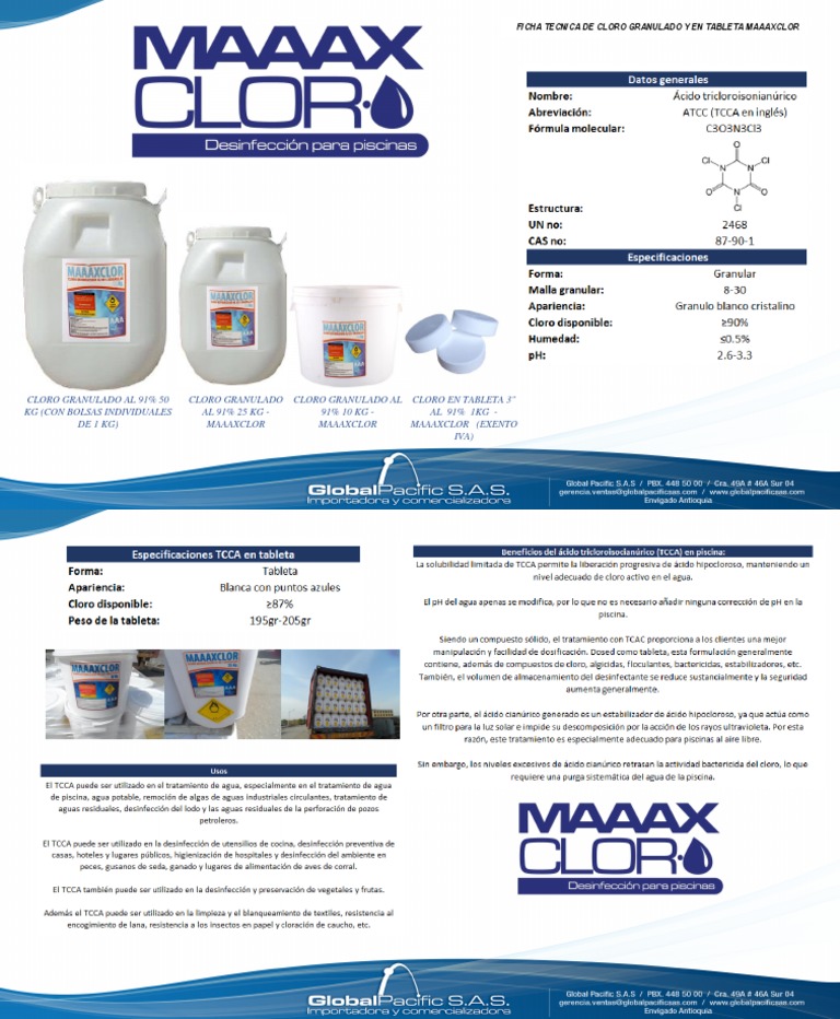 Ficha Tecnica Cloro Granulado Al 91 50 KG Con Bolsas Individuales de 1 KG | PDF
