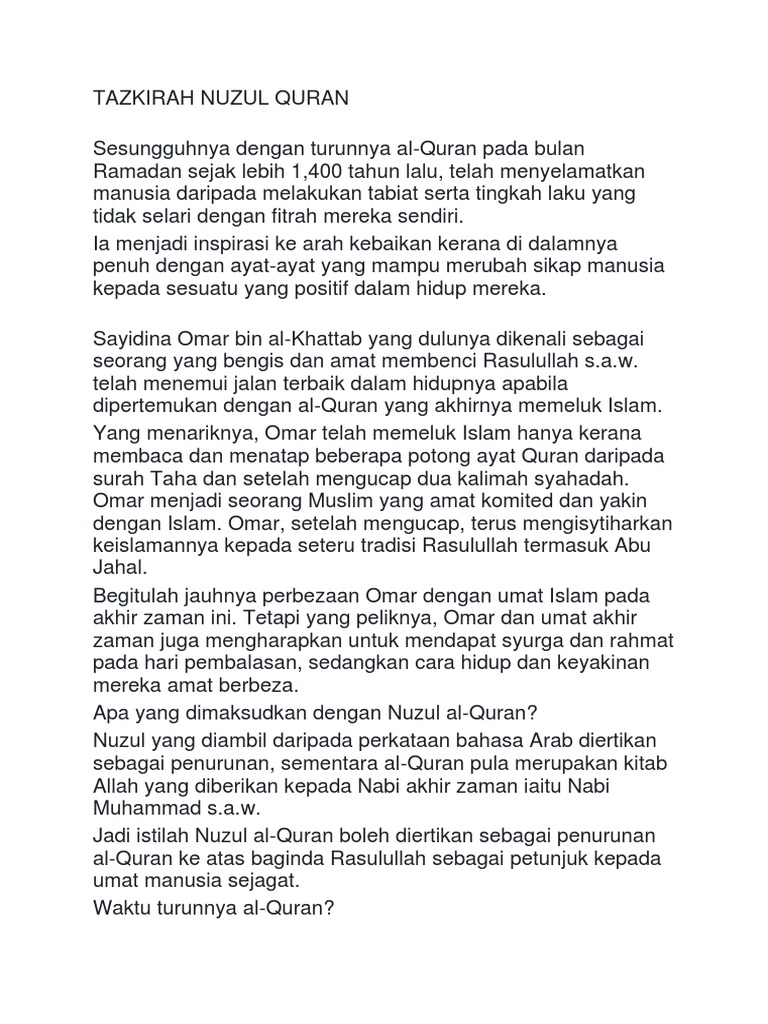Tazkirah Nuzul Quran | PDF
