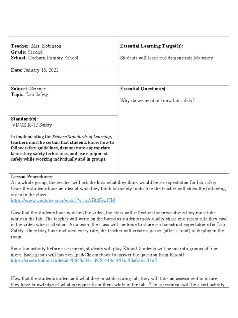 Lab Safety Lesson Plan Stem 434 | PDF | Teachers | Laboratories