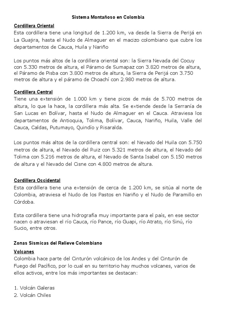 Relieve Colombiano Lectura-Comprensión | PDF | Andes | Divisiones ...