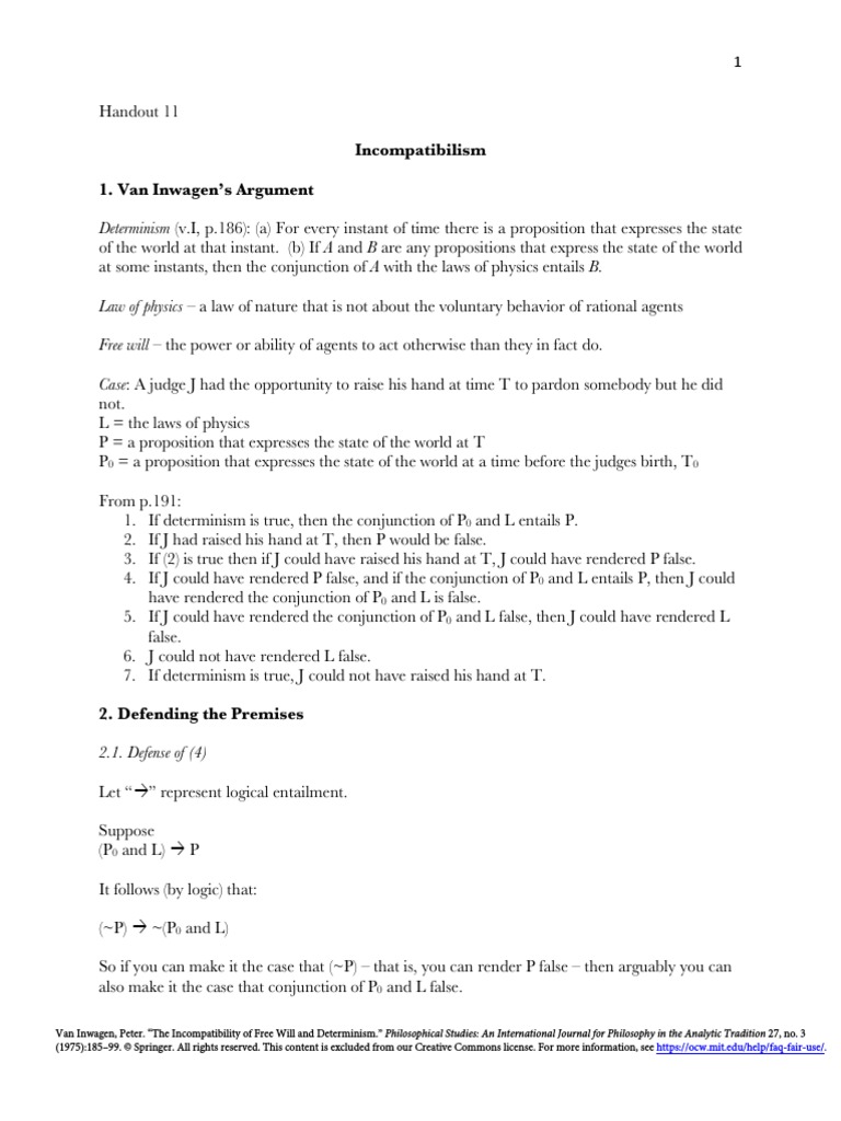 Incompatibilism 1. Van Inwagen's Argument | PDF | Free Will | Determinism