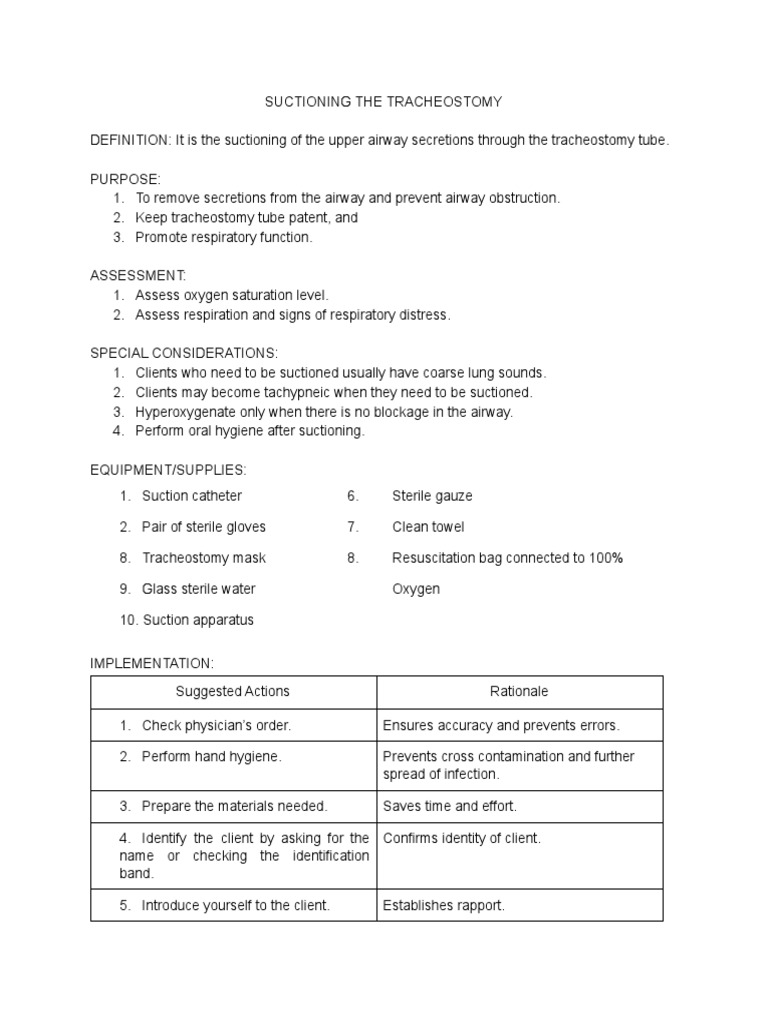Checklist On TRACHEOSTOMY CARE - SUCTIONING | PDF | Respiratory Tract ...