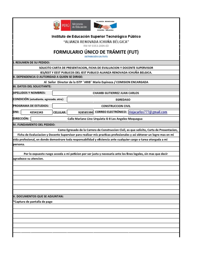 Formulario Único de Trámite (Fut) : Instituto de Educación Superior ...