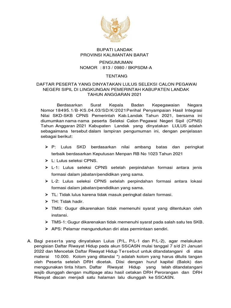 Pengumuman Kelulusan CPNS Tahun 2021 | PDF