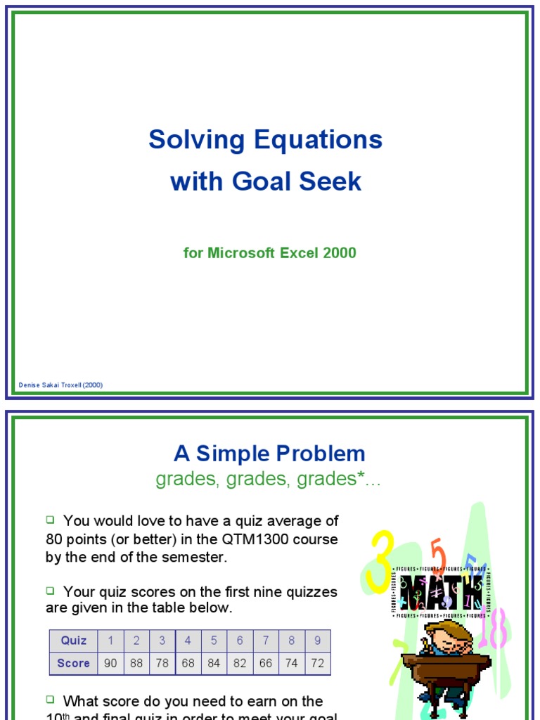 Solving Equations With Goal Seek: For Microsoft Excel 2000 | PDF | Equations | Mathematics