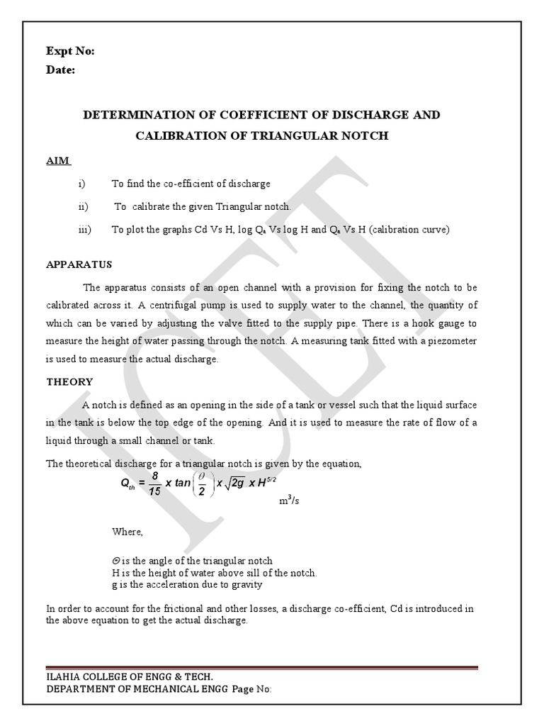 Coefficient of Discharge for Triangular Notch | PDF | Discharge ...