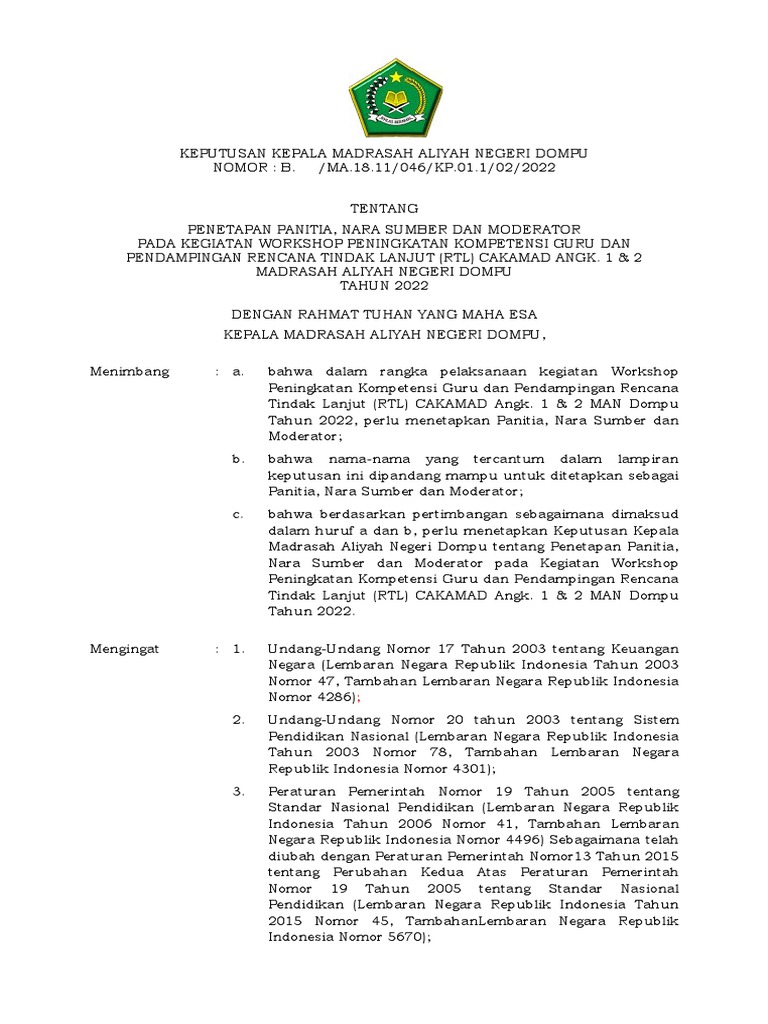 SK Panitia Workshop MAN Dompu 2022 | PDF