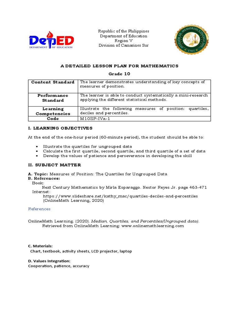 Quartile For Ungrouped Data Detailed Lesson Plan | PDF | Quartile | Lesson Plan