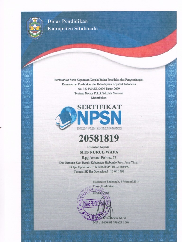 Contoh Sertifikat NPSN | PDF