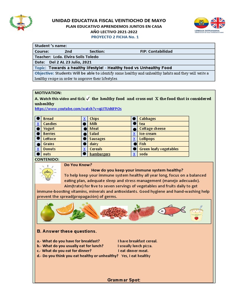 C - Proyecto 2 Ficha 1 Healthy Food Vs Unhealthy Food | PDF | Foods | Lunch