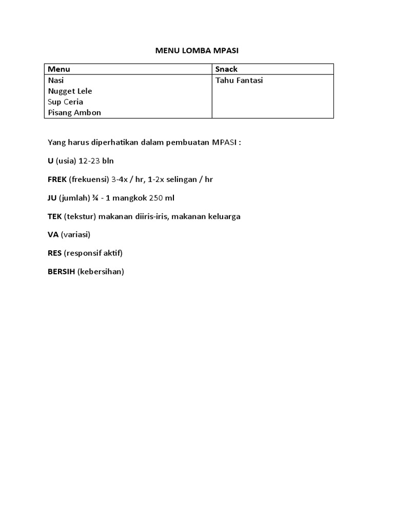 Menu Lomba Mpasi | PDF
