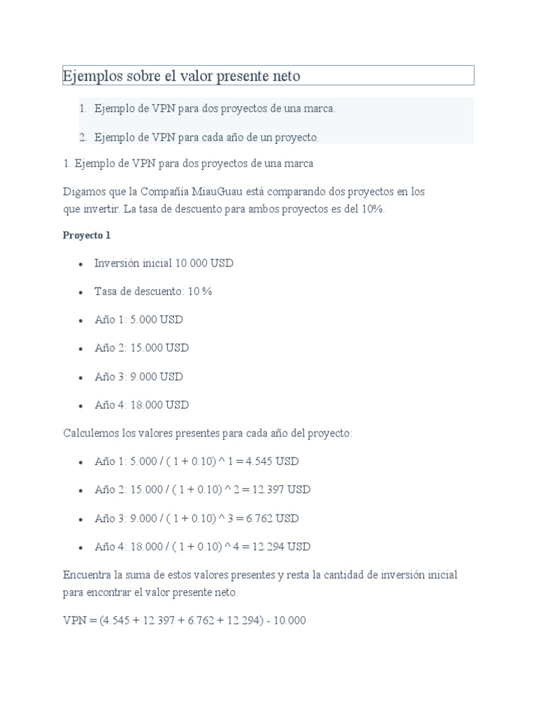 Ejemplo Resuelto de Valor Presente Neto | PDF