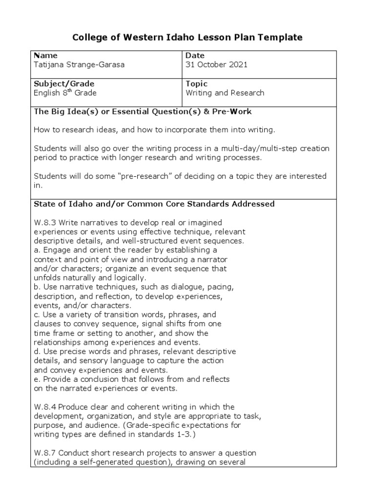 College of Western Idaho Lesson Plan Template | PDF | Narrative ...