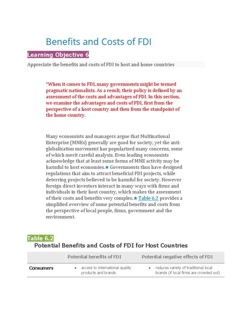 Benefits and Costs of FDI | PDF | Foreign Direct Investment ...