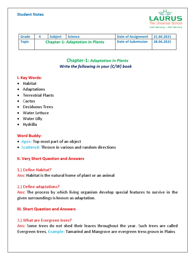 G4-Sci-Ch-1-Adaptation in Plants | PDF | Plants | Trees