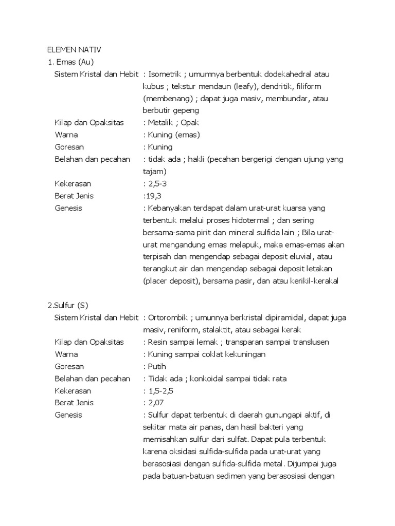 Karakteristik dan Genesis Mineral Emas, Sulfur, dan Intan | PDF