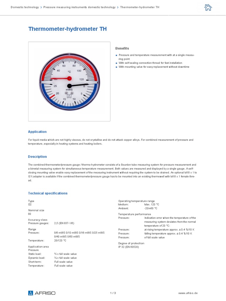 Thermometer-Hydrometer TH: Benefits | PDF | Pressure Measurement | Pipe ...