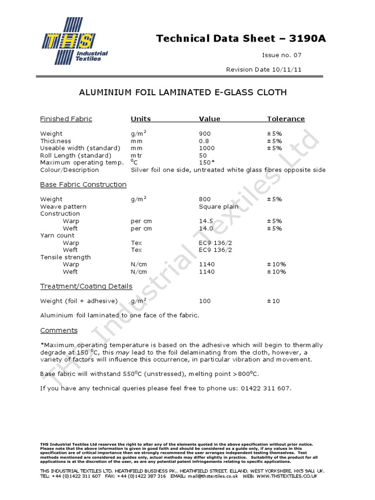 Aluminium Foil Laminated E-Glass Cloth: Technical Data Sheet - 3190A ...