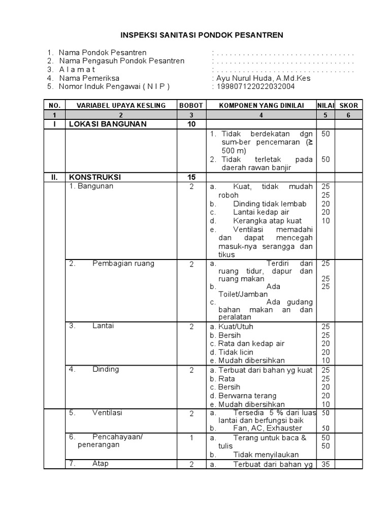 Form Inspeksi Sanitasi Pondok Pesantren | PDF