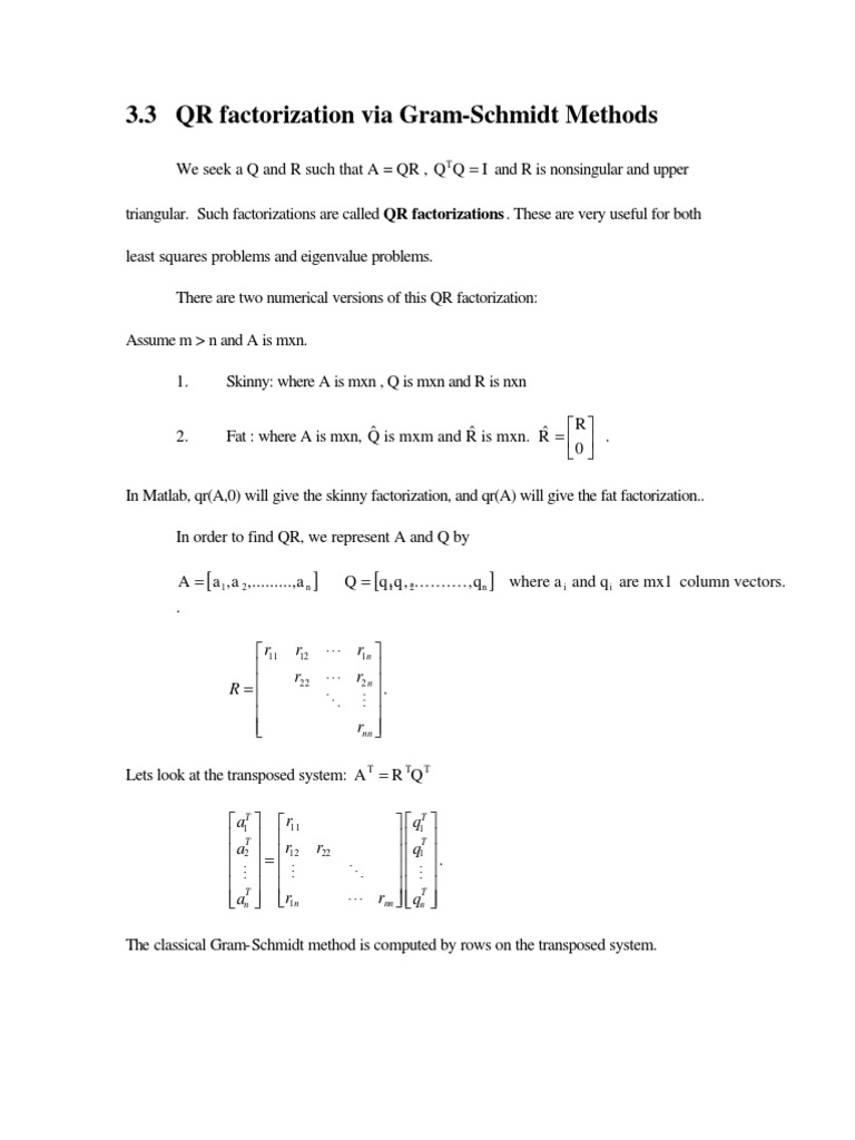 3.3 QR Factorization Via Gram-Schmidt Methods: R R R R R R R | PDF | Algorithms | Mathematical ...
