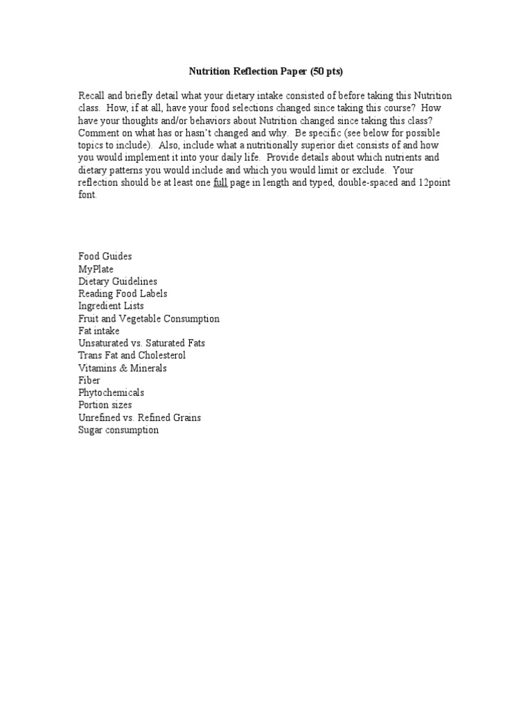 Nutrition - Reflection - Paper - 50 Points | PDF | Wellness