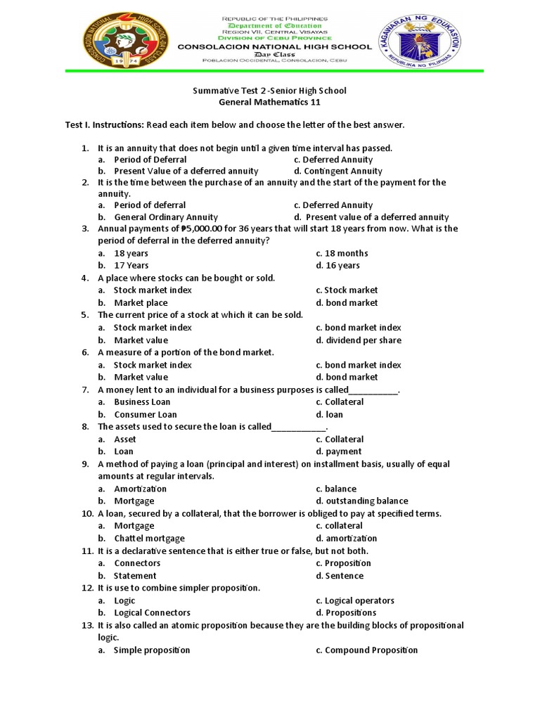 Summative Test 2 in Gen Math QUARTER 2 | PDF | Stocks | Dividend