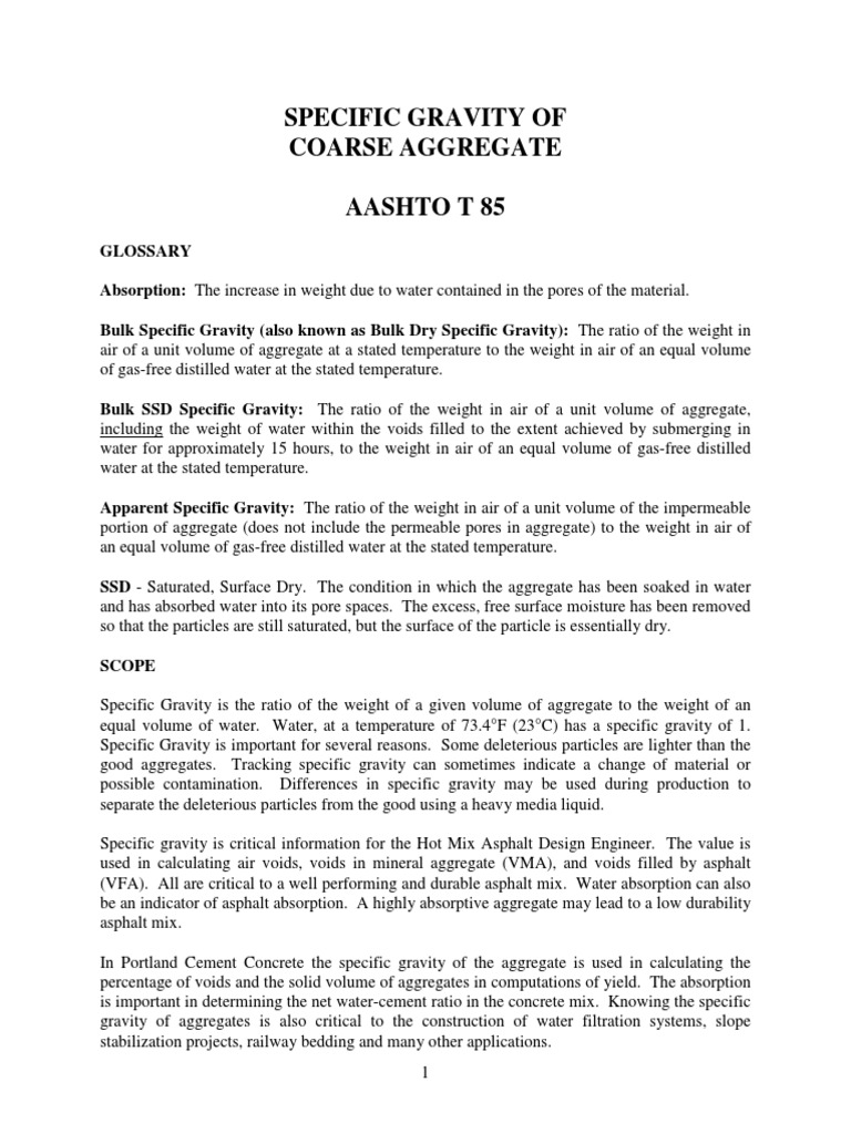 AASHTO T85: Coarse Aggregate Specific Gravity | PDF | Concrete ...