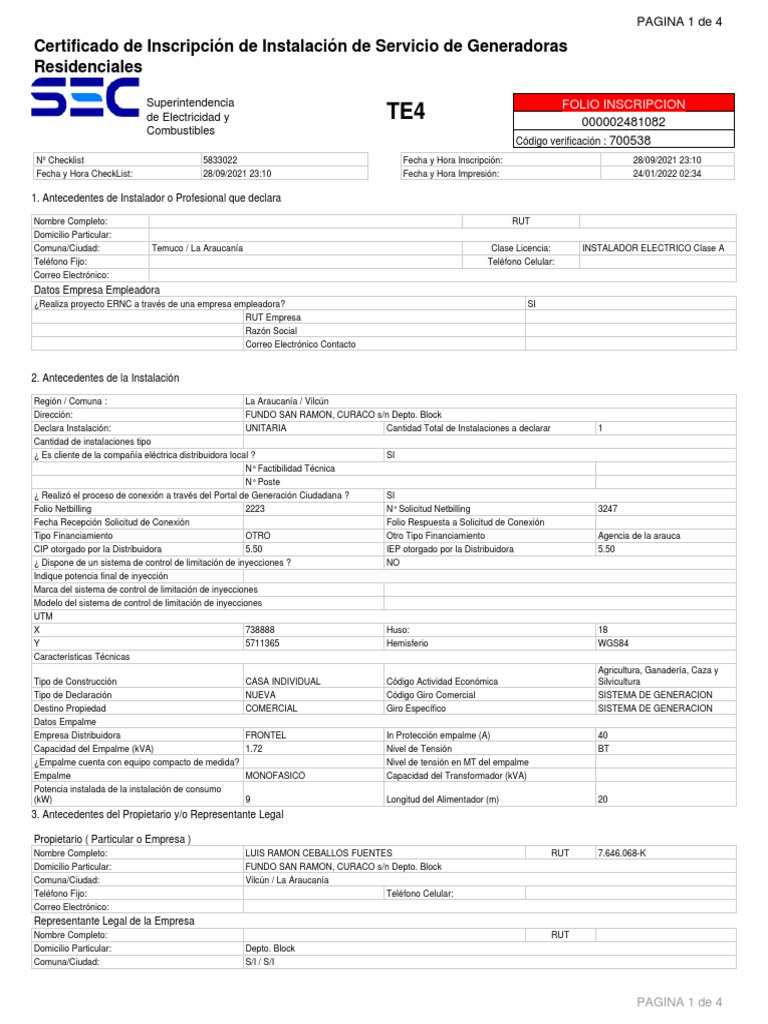 Declaracion Te4 | PDF | Energia electrica | Ingenieria Eléctrica