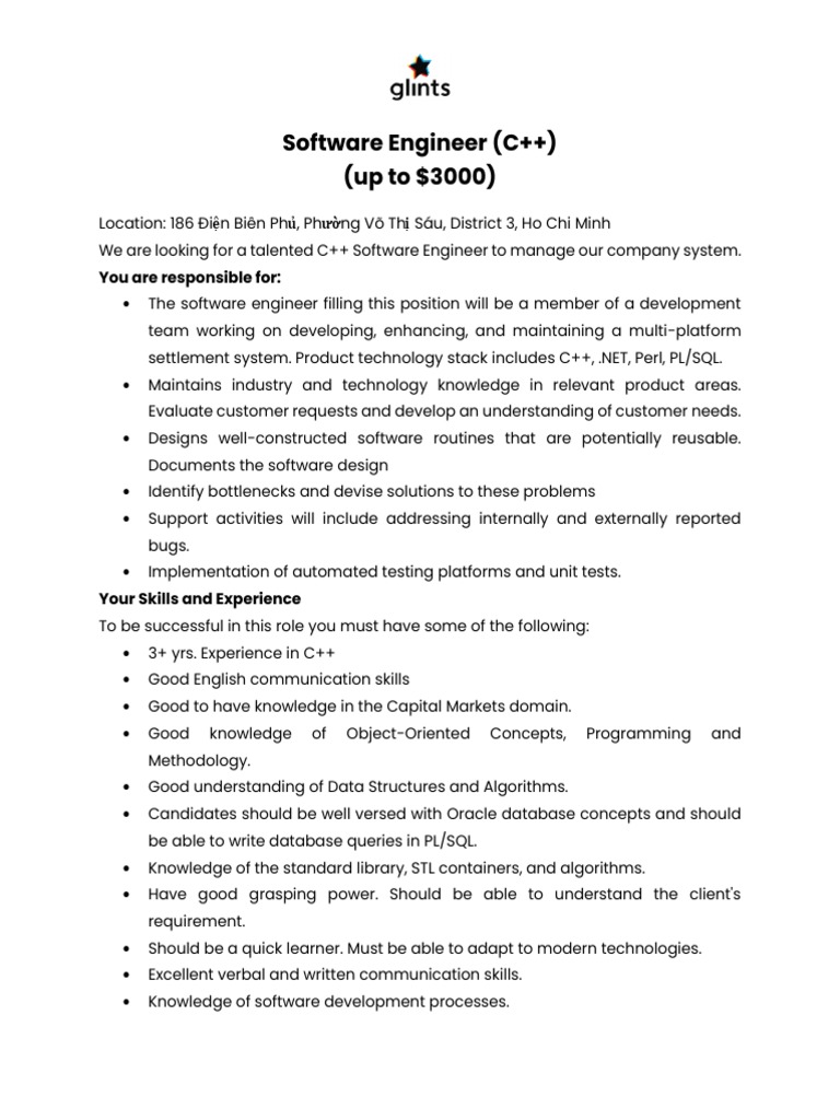 Glints - JD 2 - Software Engineer (C++) | PDF | Software | Databases
